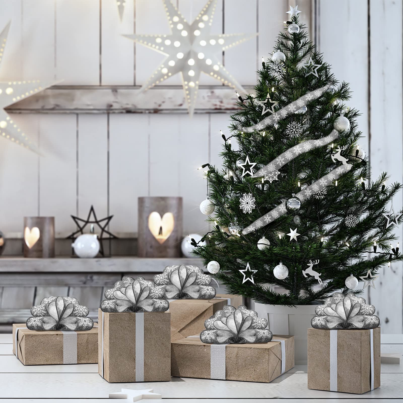 Canlierr 2 Rolls 12 Yard 2.5 Inch Christmas Snowflake Ribbon Christmas Wired Ribbons for Wreath Fabric Polyester Decorative Ribbons Gift Wrapping Ribbon for Christmas Tree Party Decoration(Gray)