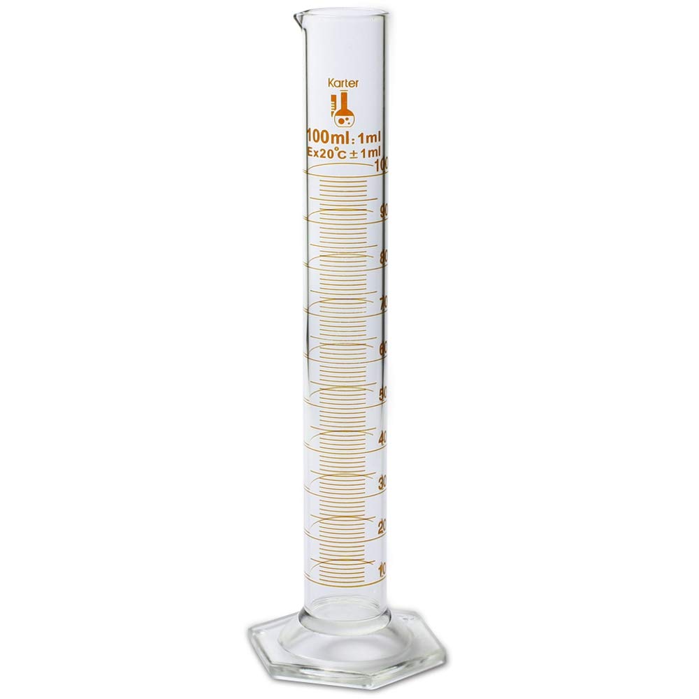 100ml Graduated Cylinder, Borosilicate 3.3 Glass, Single Metric Scale, Class B, Karter Scientific 213I12 (Single)