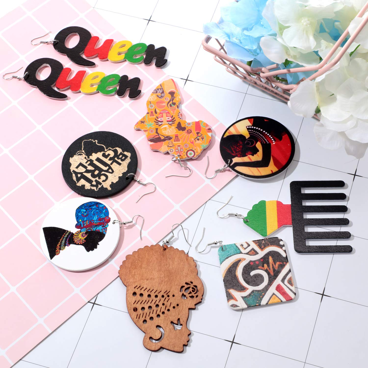 12 Pairs African Map Wooden Earrings African Women Dangle Earrings Natural Ethnic Earrings (Classic Style)