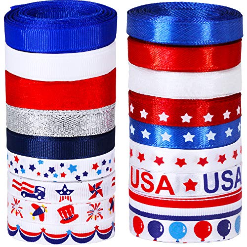 18 Rolls 90 Yards Bulk Patriotic Ribbons Red White Blue Striped Printed Ribbons Assortment 3/8 Grosgrain Ribbon Satin Ribbons GlitterĀ Ribbons Organza Ribbons for 4thĀ ofĀ July Craft Gift Wrapping Sewing