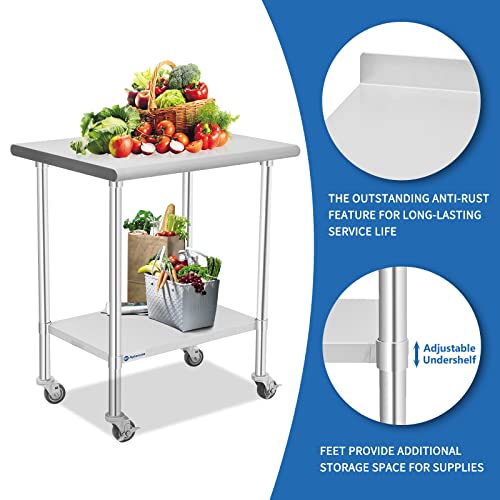 Aplancee Stainless Steel Table, 30 x 24 Inches Prep & Work Table with Caster and Adjustable Undershelf Metal Utility Workstations for Commercial Kitchen