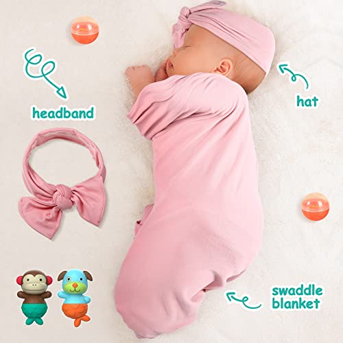 4 Set Newborn Swaddle and Headband Set Cotton Swaddle Hat Set Wrap Receiving Stretchy Swaddle Blankets Swaddle and Bow Set Newborn Beanie Newborn Hat and Swaddle (Light Green, Gray, Pink, Light Khaki)