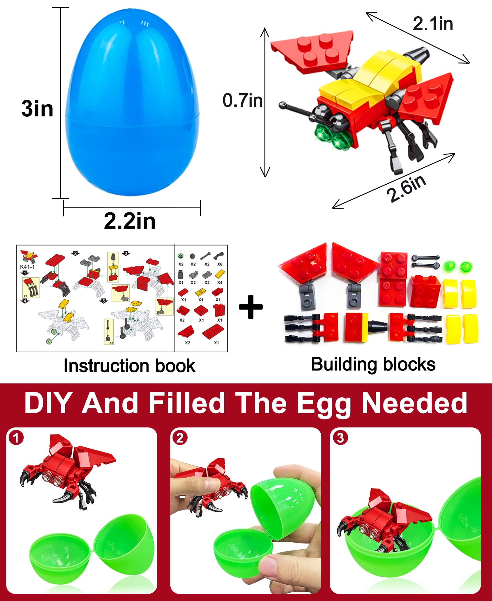 12 Pack 3" Large Easter Eggs Filled Stem Building Toys Easter Basket Stuffers 6 in 1 Transform Animal Building Blocks Easter Party Favors Gifts for Kids Toddlers Boys Girls Teens Easter Eggs Hunt