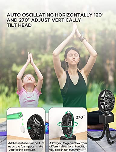 Oscillating Stroller Fan with LED Lantern, 5000mAh Battery Operated Rechargeable Camping Fan with Flexible Tripod Clip On Stroller, 3 Wind Speeds & LED Light