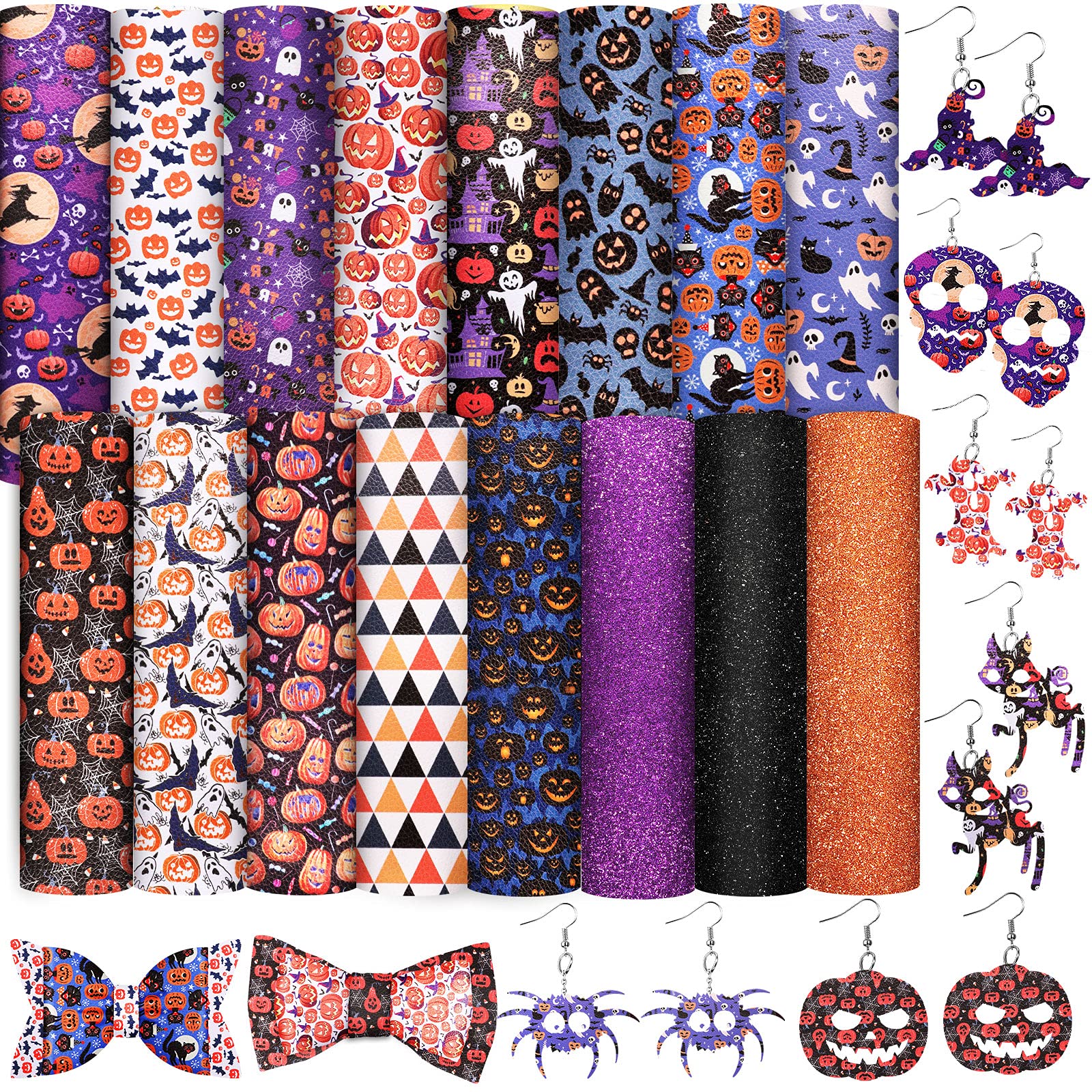 16 Pieces Halloween Faux Leather Sheets Pumpkin Printed Leather Fabric Sheets Ghost Spider Bat Faux Leather Fabric Glitter Sequin Synthetic Leather Sheet, 8.3 x 6.3 Inch for Halloween DIY Craft Decor
