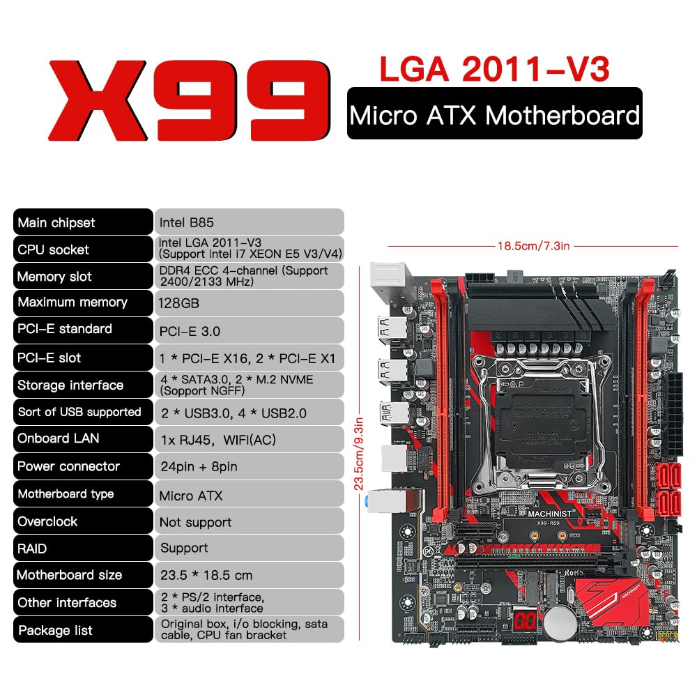 MACHINIST X99 LGA 2011-V3 Motherboard, Micro ATX Motherboard (PCIe 3.0, M.2 Slots, 4 Channel DDR4, SATA 6Gb/s) for Intel XEON E5 V3/V4, Core i7 seriers CPUs, PC Server Mainboard with Diagnostic Card