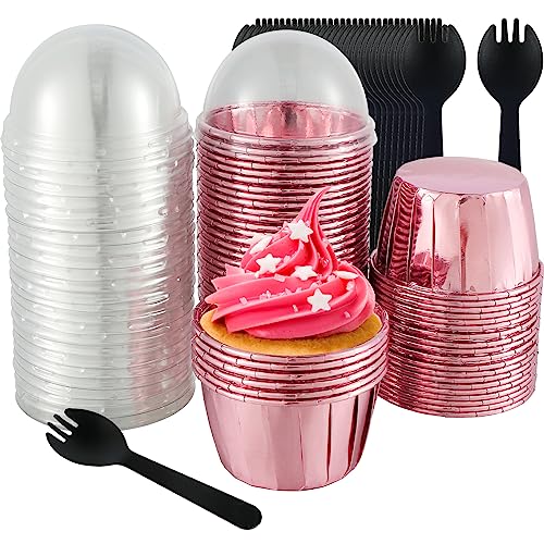 100Pcs Aluminum Foil Cupcake Cups Liner 3.5oz Non-Stick Mini Baking Cups Heat-Resistant Small Muffin Pie Liner with Lids and Spoons Reusable Dessert Cake Container for Home Kitchen (Rose Gold)