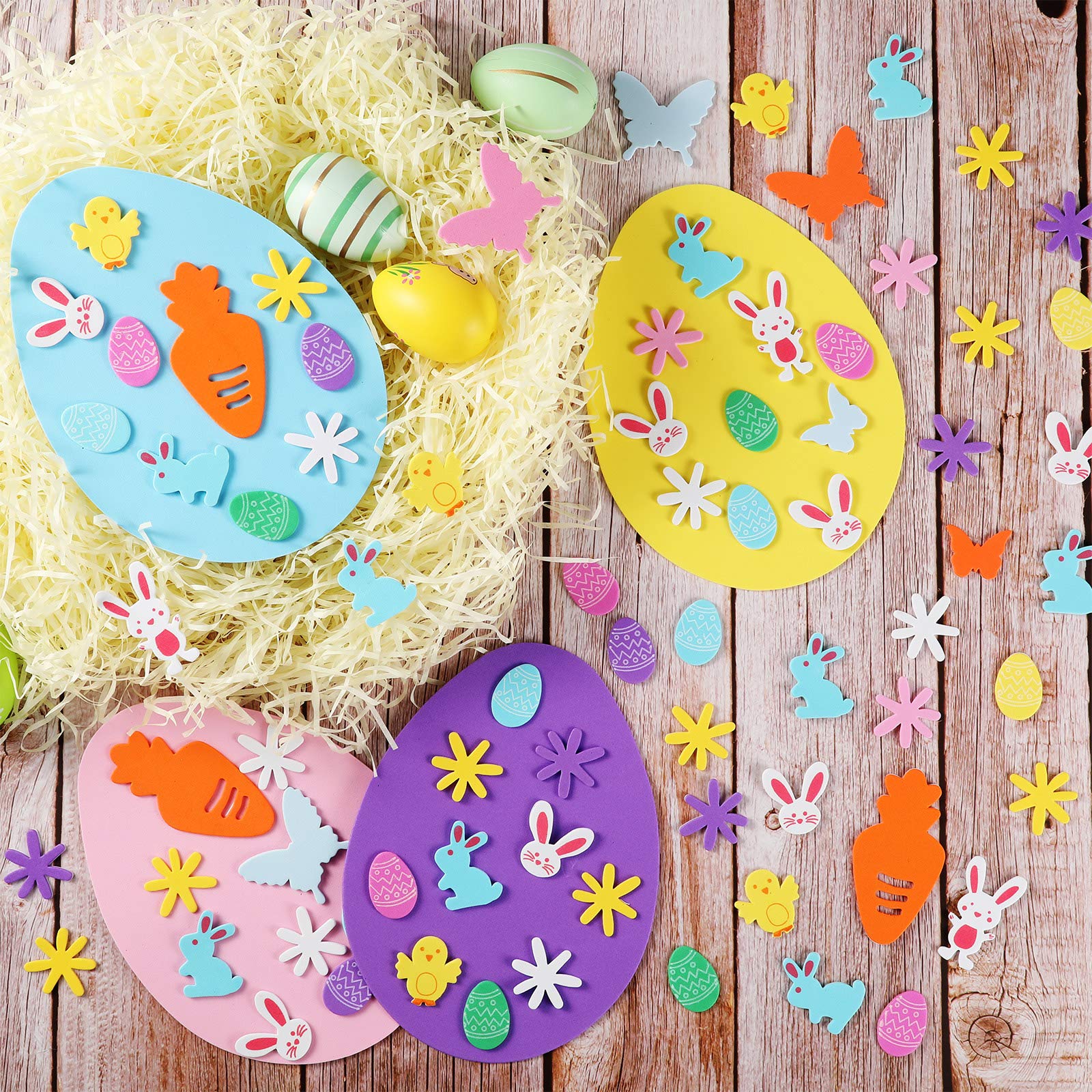 12 Pieces DIY Easter Foam Stickers Self-Adhesive Big Easter Egg Stickers and 300 Pieces Bunnies Chicks Flower Shaped Stickers for Kids Crafts Arts Party Supplies