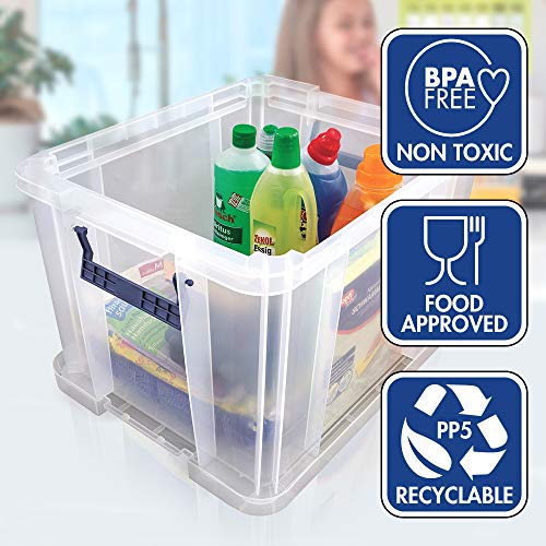 3 Bankers Box 36L Plastic Storage Box with Lids, ProStore Super Strong Stackable Plastic Storage Boxes (31.5 x 47.5 x 38cm), Clear