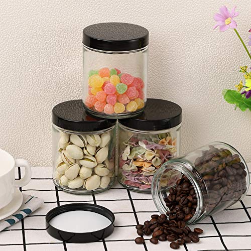 12 Pack 8 oz Clear Glass Jars with Lids, Round Empty Containers for Scrubs, Lotions, Cosmetic, Ointments and Butters, Travel Storage Jar, Black Lids, lables and Spatulas