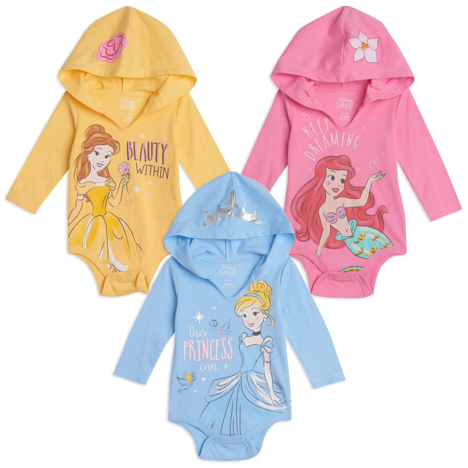 Disney Princess Cinderella Belle Ariel Newborn Baby Girls 3 Pack Cuddly Bodysuits Multicolored 3-6 Months