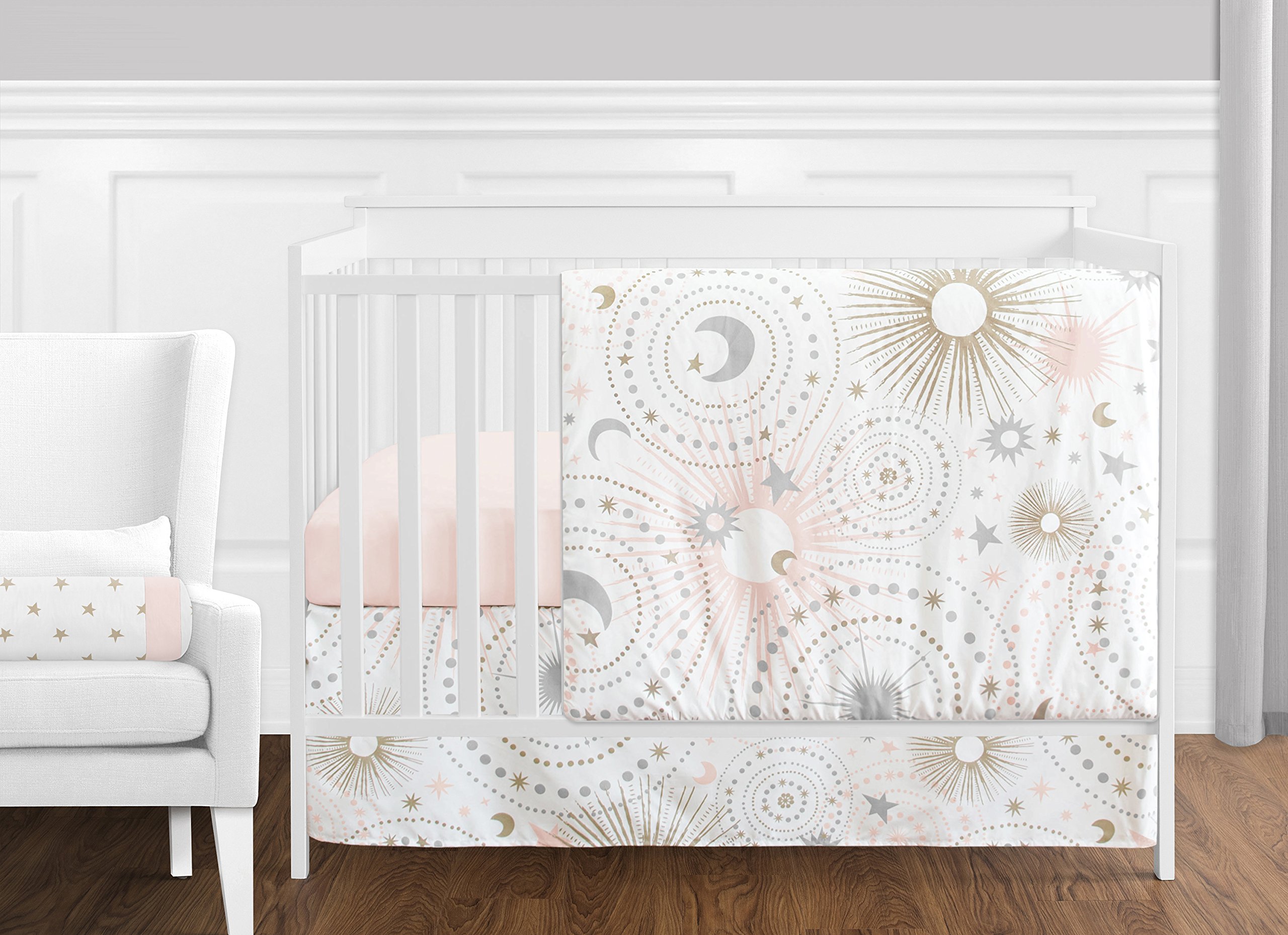 11 pc. Blush Pink, Gold, Grey and White Star and Moon Celestial Baby Girl Crib Bedding Set by Sweet Jojo Designs