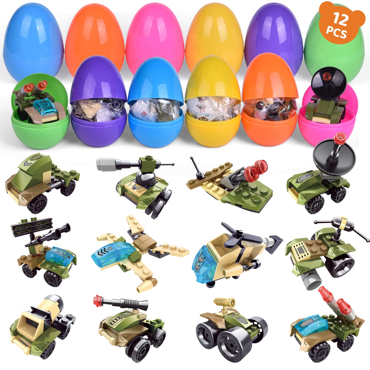12 Pack Easter Eggs Prefilled with Vehicle Building Blocks, Military Buidling Toys for Easter Eggs Hunt, Easter Party Favors for Kids, Easter Basket Stuffers, Easter Gift Classroom Prizes