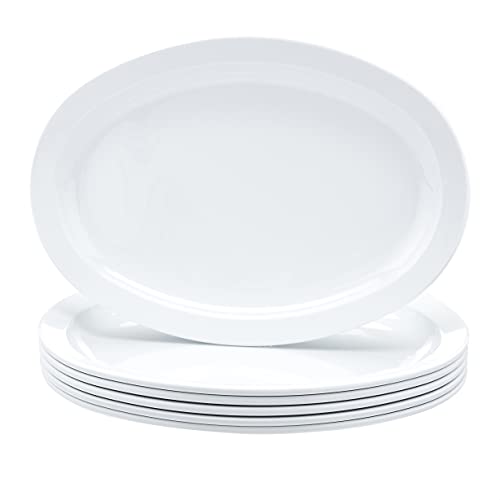 AmazonCommercial 13 in. x 9.75 in. White Melamine Oval Platter Narrow Rim - 6 Piece Set