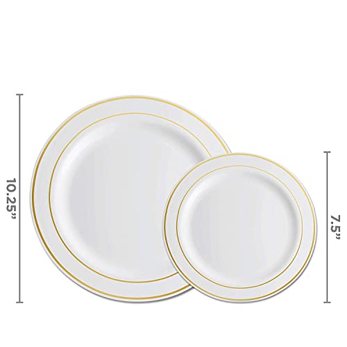 700 Piece Gold Dinnerware Set - 200 Gold Rim Plastic Plates - 300 Gold Plastic Silverware - 100 Gold Plastic Cups - 100 Linen Like Gold Paper Napkins, 100 Guest Disposable Gold Dinnerware Set