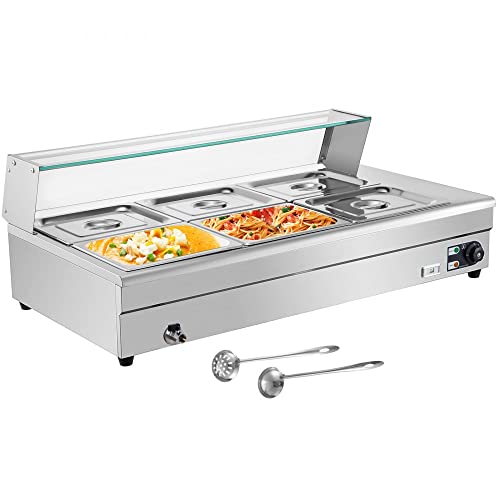 110V Electric Countertop Food Warmer - 6 Pan x 1/2 GN, Commercial Food Steam Table with 6-Inch Deep Pans, Food Grade Stainless Steel, 1500W, 66 Quart Capacity, Tempered Glass Shield