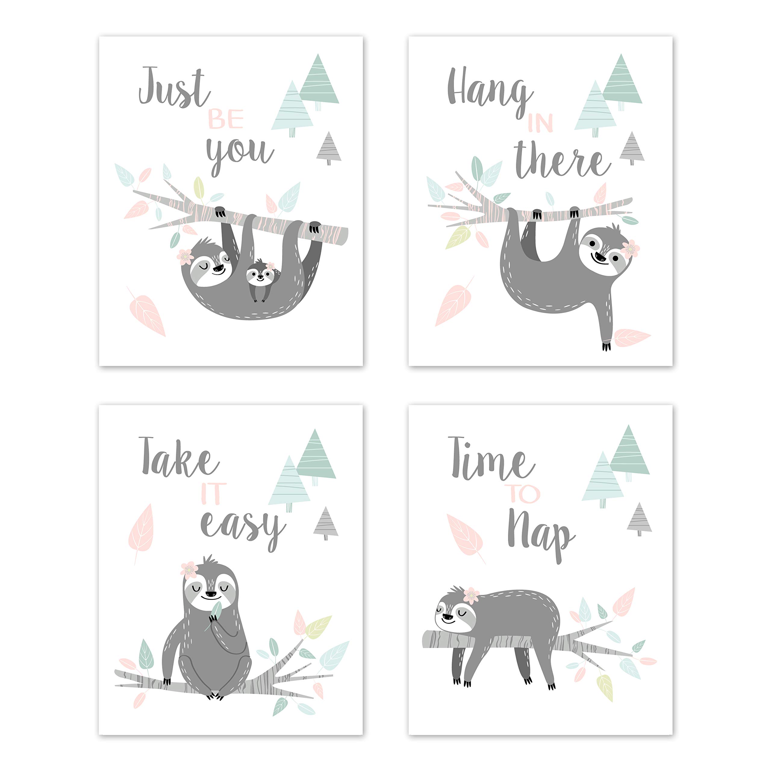 Sweet Jojo Designs Pink Grey Jungle Sloth Leaf Wall Art Prints Room Decor for Baby Nursery Kids - Set of 4 - Hang In There, Take it Easy, Blush Turquoise Gray Green Tropical Botanical Rainforest