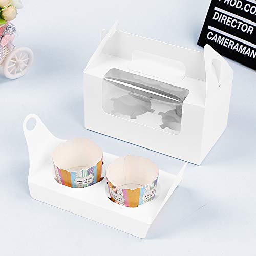 20 Pcs Cupcake Boxes, 2 Holders Cupcake Containers Muffins Cupcakes Carriers Holder Pastry Containers Favor Candy Treat Boxs Bakery Boxes with Window & Handle for Wedding Birthday Party (White)