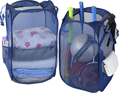 2 Pack - SimpleHouseware Mesh Pop-Up Laundry Hamper Basket with Side Pocket, Dark Blue