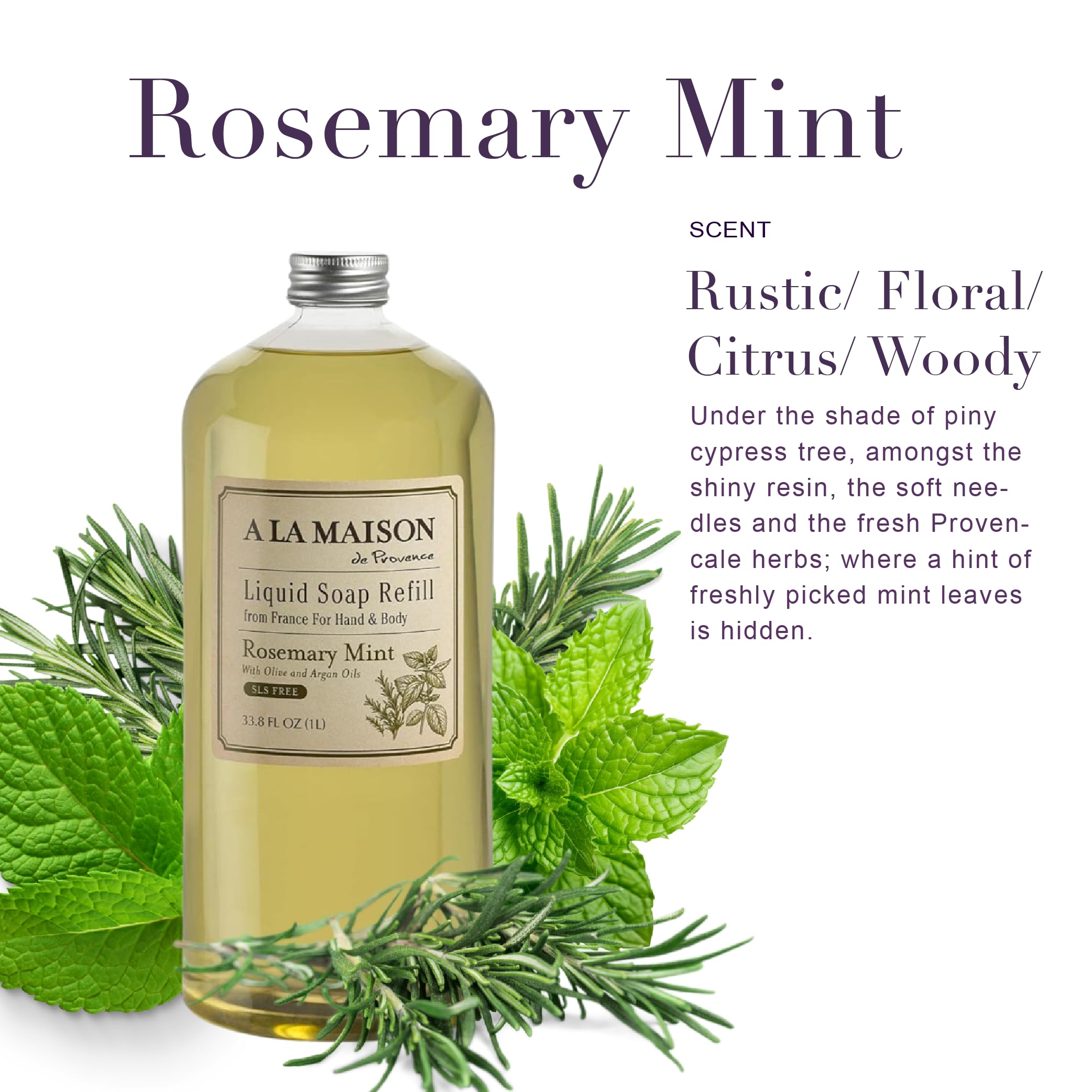 A LA MAISON Rosemary Mint Liquid Pump Bottles Moisturizing Natural Hand Wash Soap, Triple French Milled, Gentle To Hands, 33.8 Fl Oz