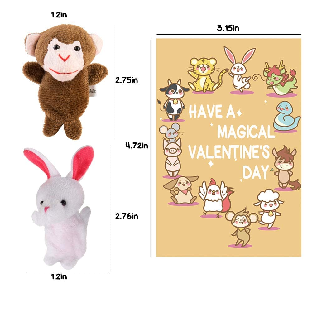 12 Pack Plush Animal Finger Puppet Toy with Valentine's Greeting Cards, Valentine School Classroom Prize Party Favor Toys, Valentine Gift Exchange