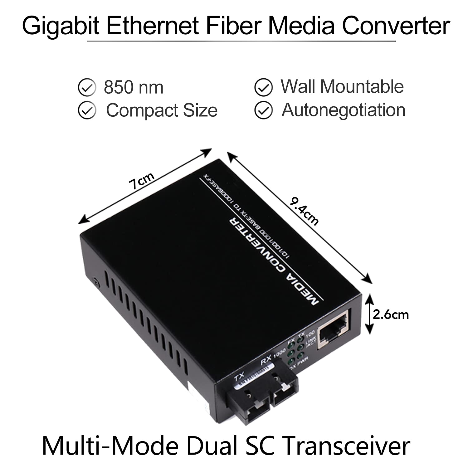 A Pair 2 Pack Multi-Mode Dual SC Fiber Gigabit Fast Ethernet Media Converter, Mini 1x 10/100/1000Base-T RJ45 to 1000Base-SC Slot Converter Transceiver, up to 2KM 850-1310-nm, AC 100V~240V