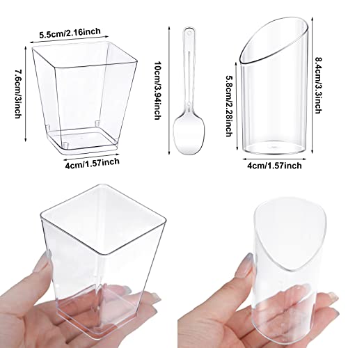 300 Pack Mini Dessert Cups with Spoons Clear Plastic Parfait Appetizer Cup Slanted Round Cup for Desserts Heart Square Clear Parfait Cups for Tasting Party Shooters Desserts (Round, Square, 3oz, 5oz)