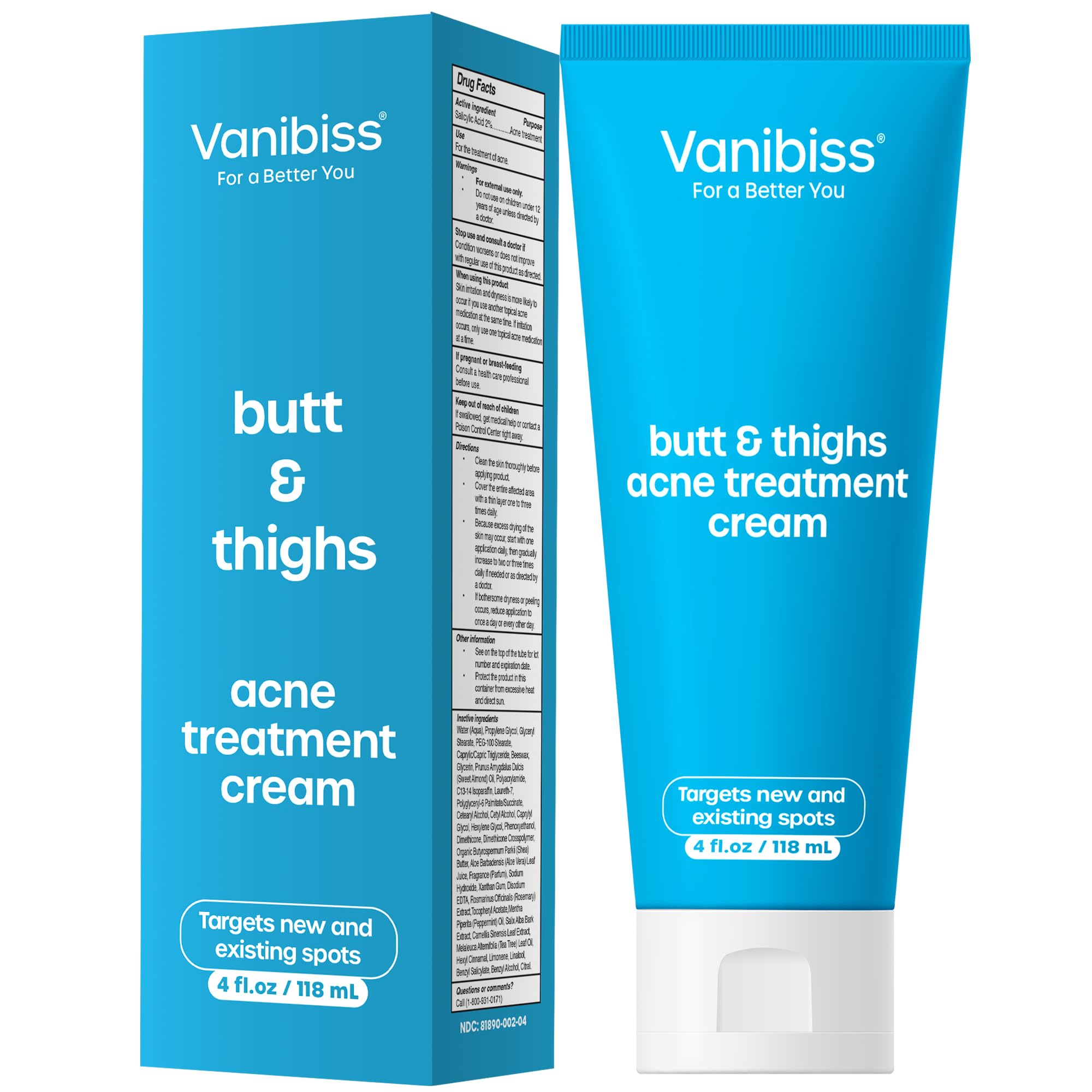 Vanibiss Butt & Thighs Acne Treatment Cream - Reduce Butt Acne, Pimples & Zits - Buttocks Acne Cream - Butt Acne Clearing Lotion - Butt Cream for Bum Acne - 2% Salicylic Acid for Acne Prone Skin (4oz)