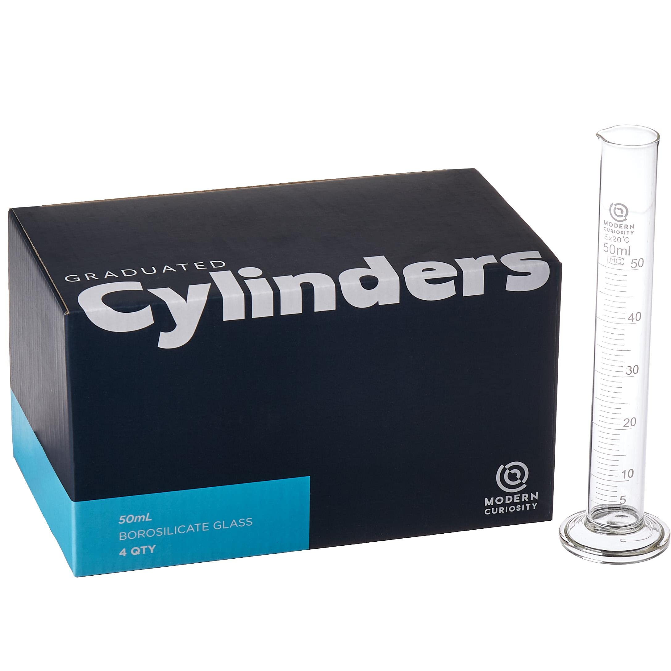 Modern Curiosity - Glass Graduated Cylinders - Education & Research Equipment - Industrial & Academic Laboratory - Borosilicate Glass Measuring Cups - Science & Chemistry Class Supply (50mL, 4 Pk)