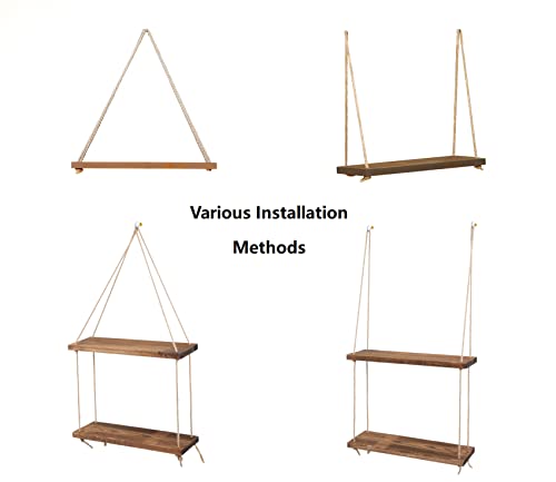 CORE ART Hanging Shelves for Wall Boho Window Plant Rope Shelves, Macrame Wall Hanging Shelf Wooden, Brown Rustic Set of 2