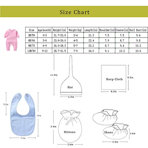 Infant Romper+Burp Cloth+Bib+Mittens+Shoes+Cap Set Breathable Healthy Fabric Tops for Baby (Pink, (0-3) month)