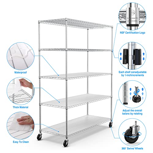 5 Tier NSF Metal Shelf Wire Shelving Unit, 7500lbs Capacity Heavy Duty Adjustable Storage Rack with Wheels & Shelf Liners for Commercial Grade Utility Steel Storage Rack , 82"H x 60"L x 24"D - Chrome