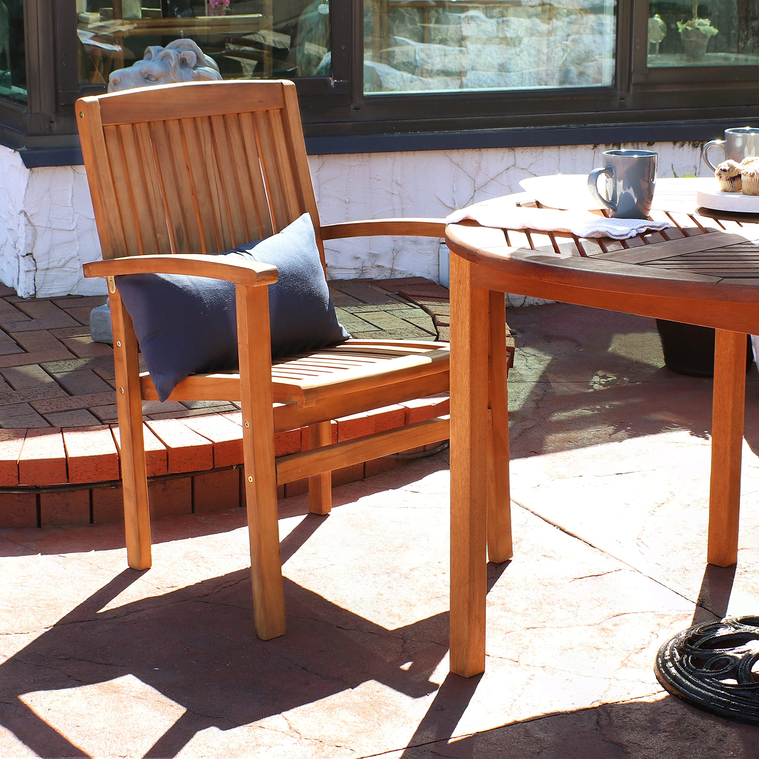 Sunnydaze Stackable Wooden Outdoor Patio Dining Armchair with Slat Back - Light Brown Finish