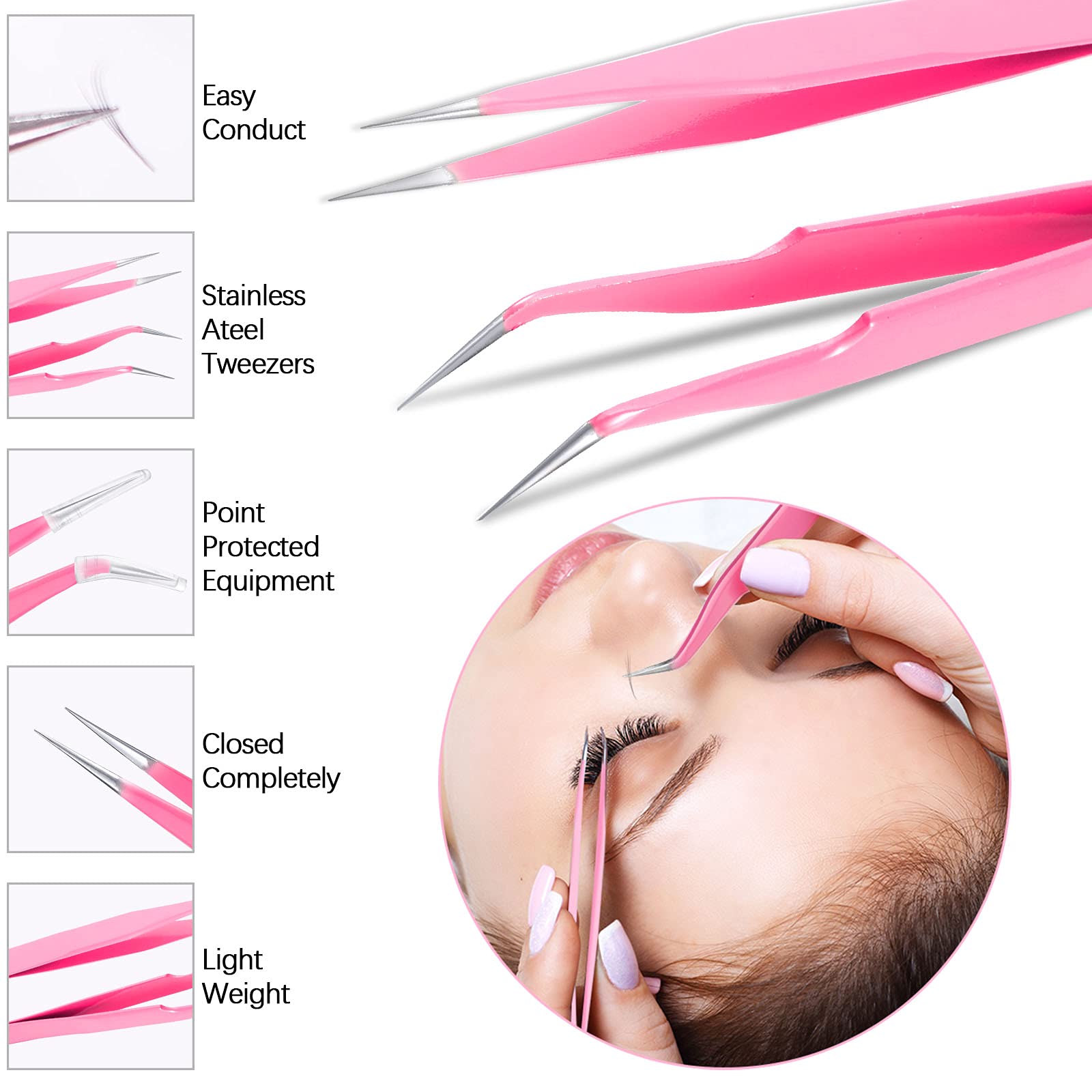 316 PCS Eyelash Extension Supplies, USB Mini Portable Air Conditioning Blower Handheld Dryer Fan Rechargeable Mini Mirror, Tapes, Tweezers, Eyelash Brushes, Micro Brush Applicators(Pink)