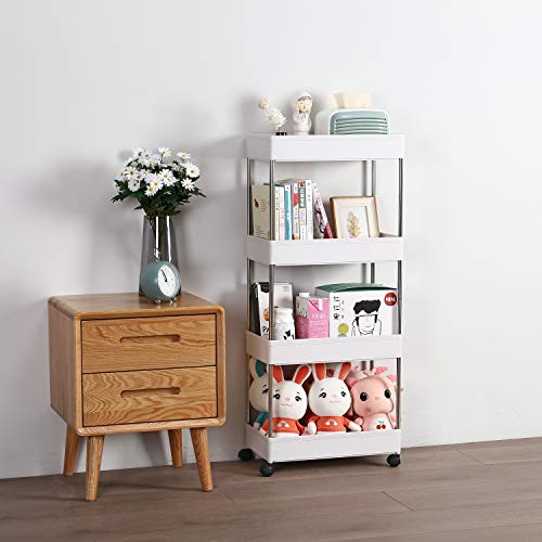 4-Tier Rolling Cart on Wheels, Mobile Slim Rolling Cart with Hooks, Multi-Functional, Suitable for Kitchen, Bathroom, Laundry Room Narrow Place, Plastic and Stainless Steel, White (16L x 8.7W x 34.5H)