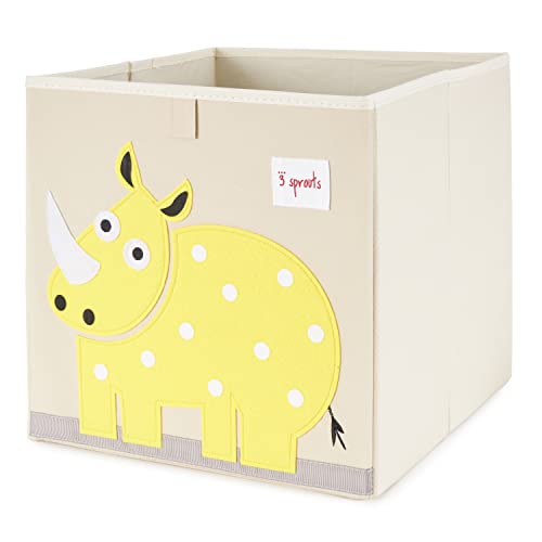 3 Sprouts Large 13 Inch Square Children's Foldable Fabric Storage Cube Organizer Box Toy Bin, Blue Cat, Pet Hedgehog, Pink Unicorn, and Yellow Rhino
