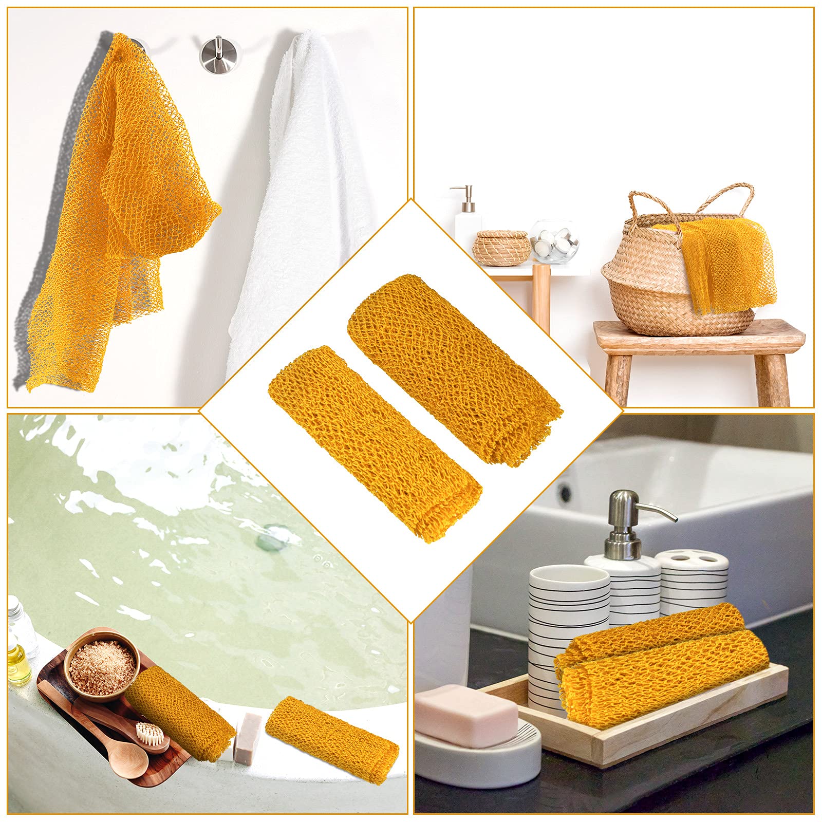2 Pieces African Net Bath Sponge African Exfoliating Long Body Scrubber Tight Weave Beauty Skin Smoother Tower Bath Cloth Porous Stretches Back Washcloths for Daily Use or Stocking Stuffer (Yellow)