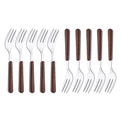 10-Piece Appetizer Small Forks, 5.7" Tasting Tea Forks Set, Stainless Steel Dessert Forks with Wooden Handle, 3-Tine Portable Cocktail Salad Fruit Forks for Party Travel (Silver & Faux Wood)