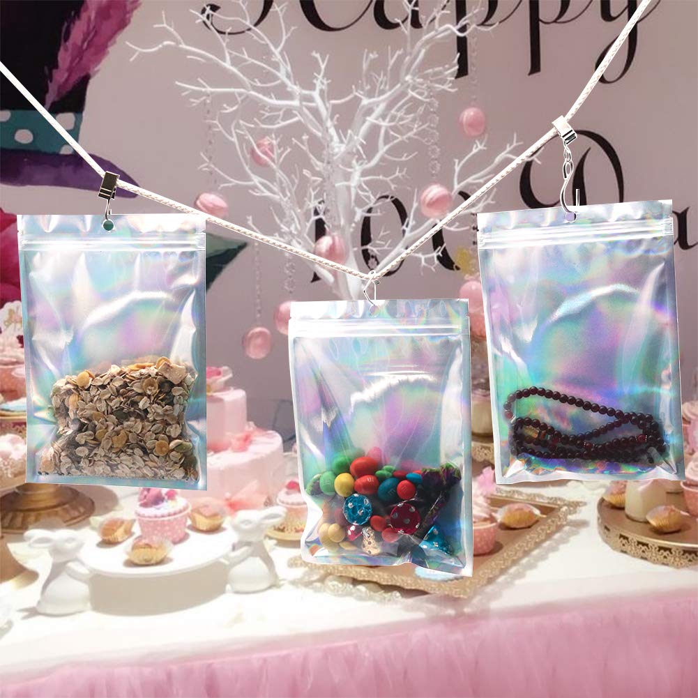100pcs Resealable Holographic Mylar Bags 5.5x7.8 inch, Foil Zip Sample Pouch Gift Baggies For Packaging Candy Jewelry Lash Lip Gloss