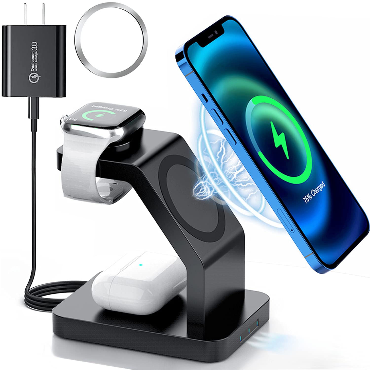 Catalpa U 3 in 1 Wireless Charging Station Compatible for Magsafe Fast Magnetic Charging Stand Compatible with iPhone 14/13, 14/13 Pro, 14/13 Pro Max, 13/12 Mini, AirPods Pro/AirPods 2 iwatch