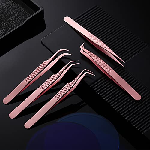 5 Pieces Eyelash Extension Tweezers Set Straight and Curved Tip False Lash Tweezers Eyelash Volume Tweezers Stainless Steel Precision Tweezers for Eyelash Extension (Rose Gold)