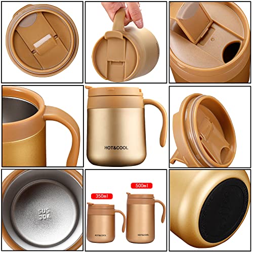 12oz/18oz Insulated Coffee Mug with Handle and Lid, Double Wall Vacuum Stainless Steel Coffee Travel Mug, Tumbler Cup,Reusable and Durable Travel Coffee Cup Thermal Cup, Gold 12oz