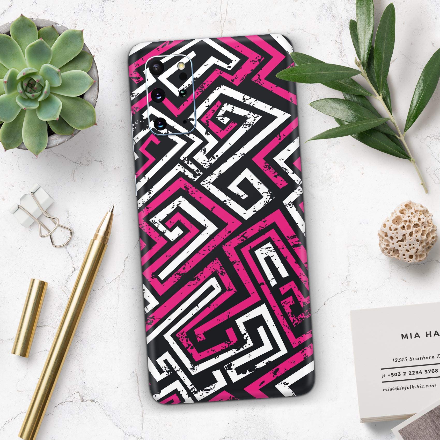 DesignSkinz Pink & White Abstract Maze Pattern Protective Vinyl Decal Wrap Skin Cover Compatible with The Samsung Galaxy S20 (Screen Trim & Back Glass Skin)