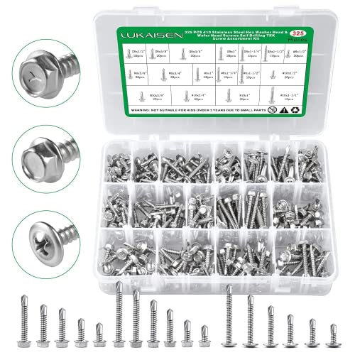 325Pcs Self Drilling Screws Assortment Kit, 410 Stainless Steel Self Tapping Sheet Metal TEK Screws for Metal, Truss & Hex Washer Head #8#10-1/2",5/8",3/4",1",1-1/4",1-1/2"