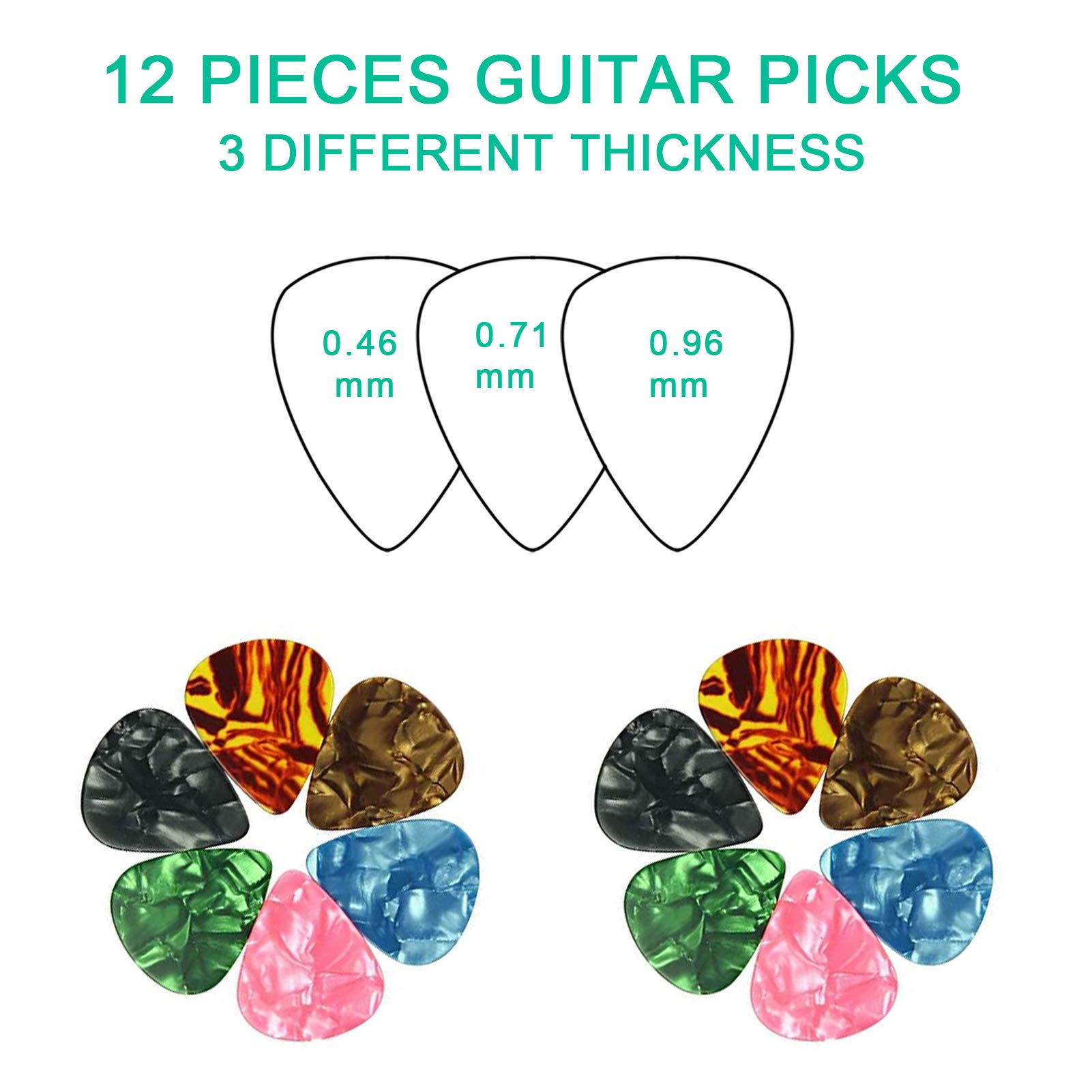 12 Pcs Celluloid Picks 0.46mm/0.71mm/0.96mm,With 3 Pcs Guitar Fretboard Stickers for Guitar Players