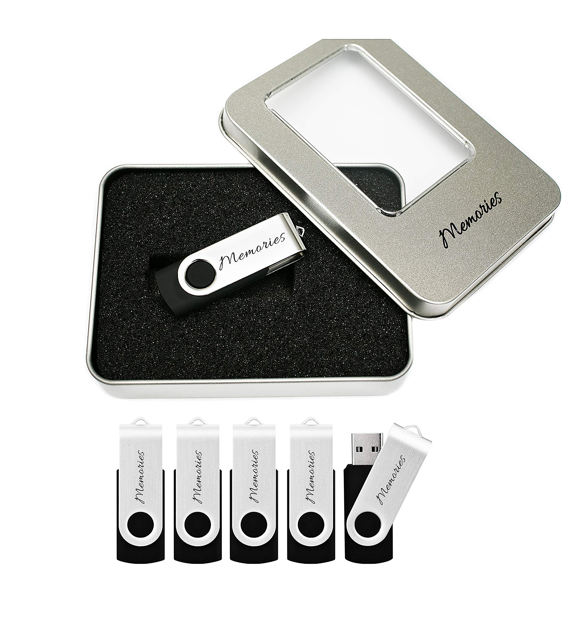 32GB Storage USB Flash Drive 3.0 with Tin Case/Box Set of 5 Thumb Drive Package. Flash Drive and Case for Weddings, Memories, Videos Perfect for Professional Photographers (Memories Label)