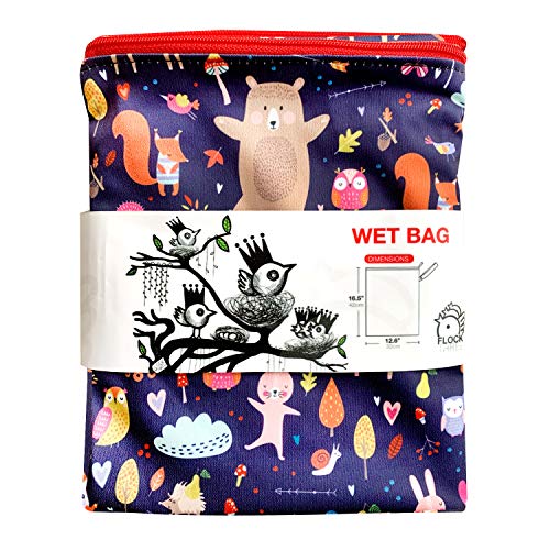 FLOCK THREE Washable and Reusable Wet Bag Diaper Bag Water Resistant Swimming Bag Travel Toiletries Pouch Cute Animals Zippered 12.6'' x 16.5''