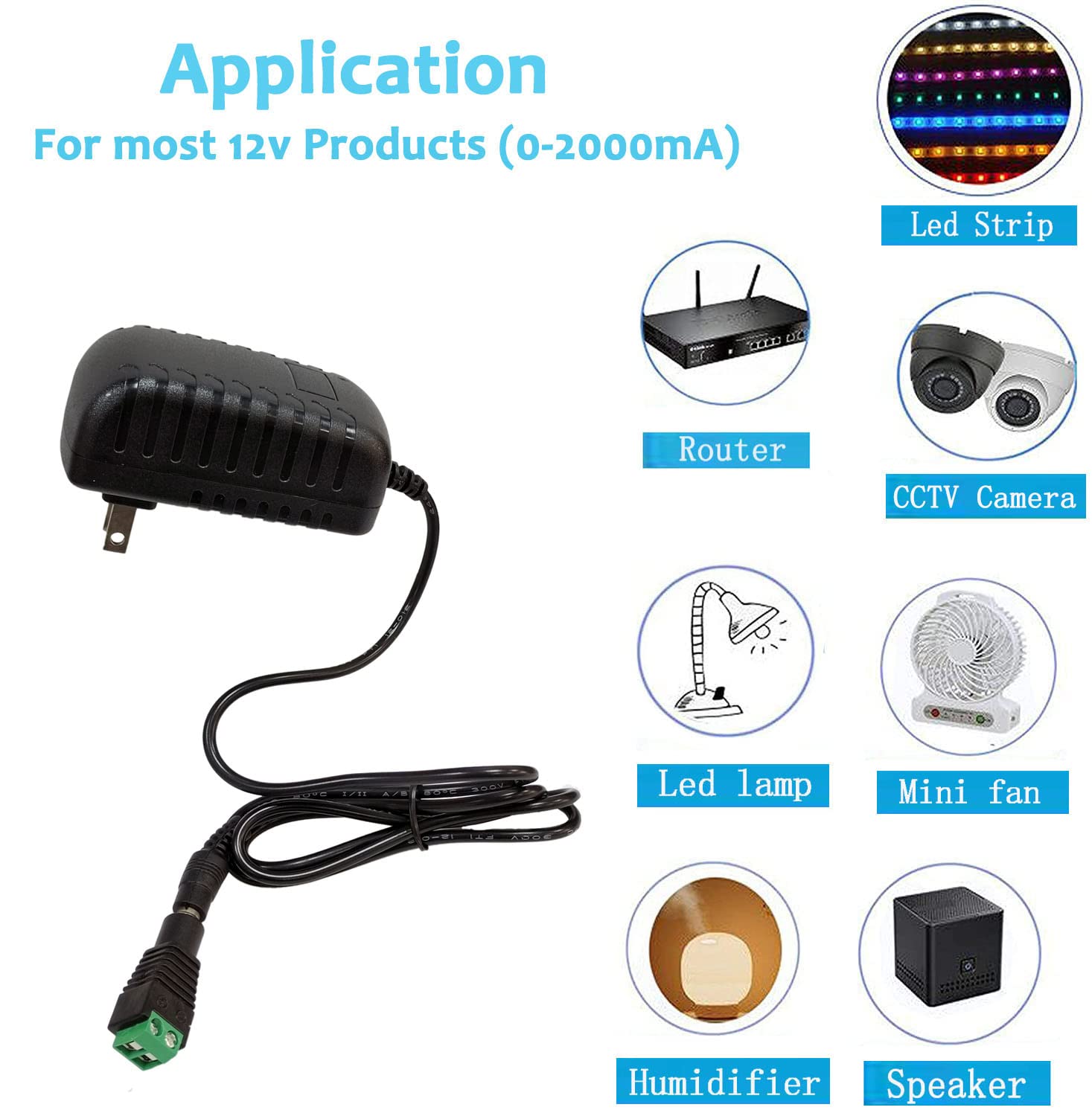 12 Volt 2A Power Supply DC 12v Power Cord 100-240V AC to DC 12V 2Amp 1A Power Supply Adapter 12V AC/DC Adapter Transformer 5.5mm x 2.5mm dc Plug for DC 12V LED Strip Security CCTV Camera