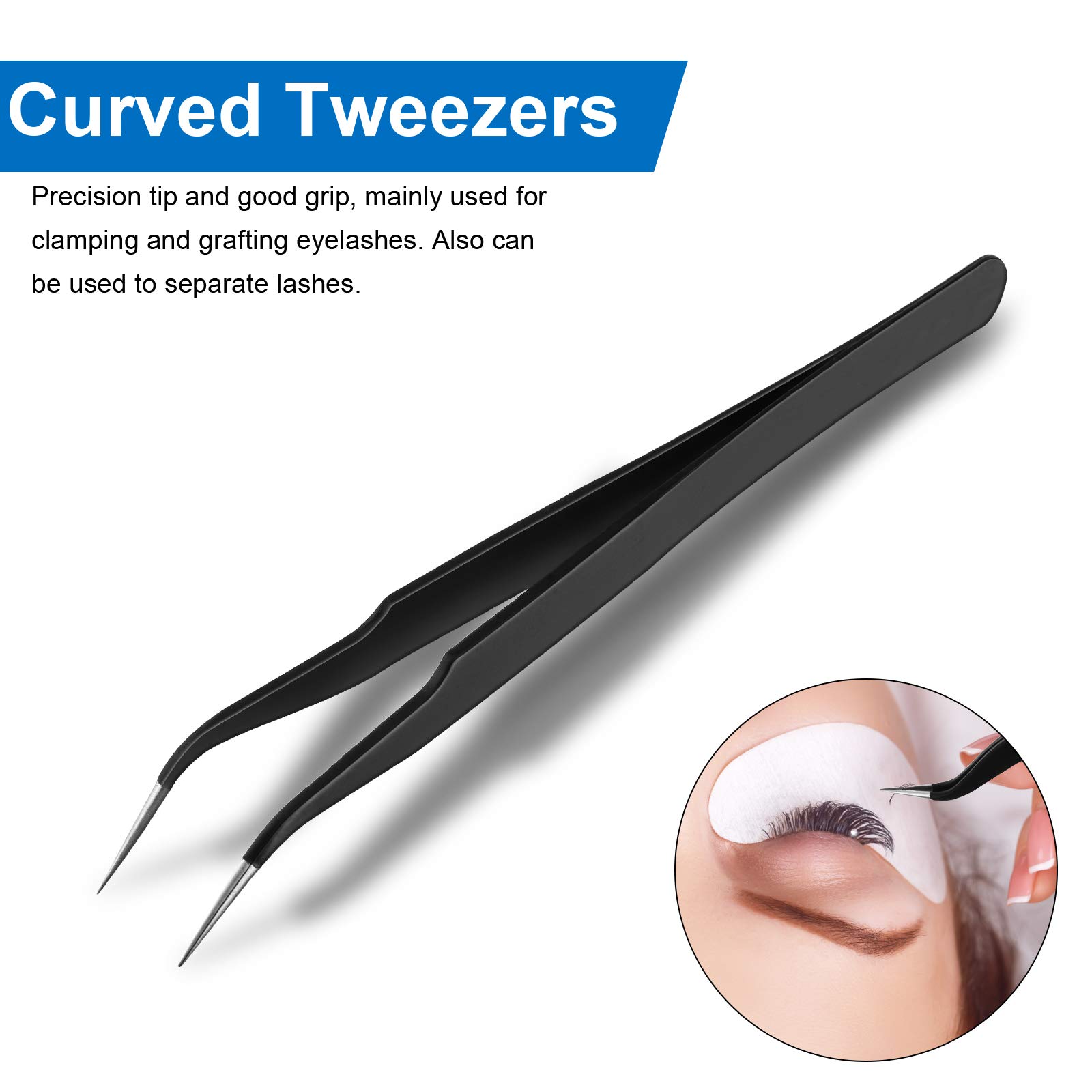 2 Pieces Straight and Curved Tip Tweezers Eyelash Extension Tweezers, Stainless Steel False Lash Application Tools (Black)