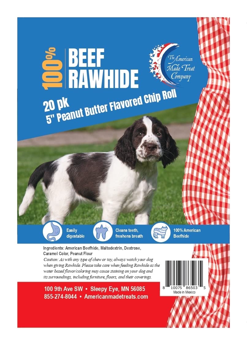 American Made Treat Co - Dog Treats, Peanut Butter Flavor Beef Rawhide Chip Rolls, Puppies to Seniors, Dental Dog Bone Alternative - 5β Rolls - 20 Pack